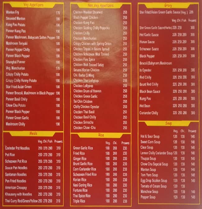 Menu of Chau Chu Chinese, Worli, Mumbai
