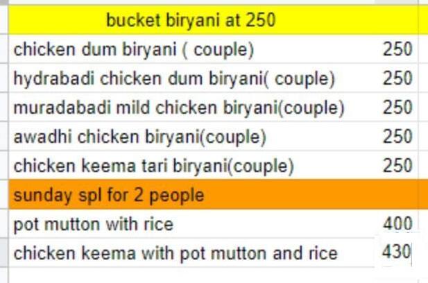 Menu of Bucket Biryani @ 250, BTM, Bangalore