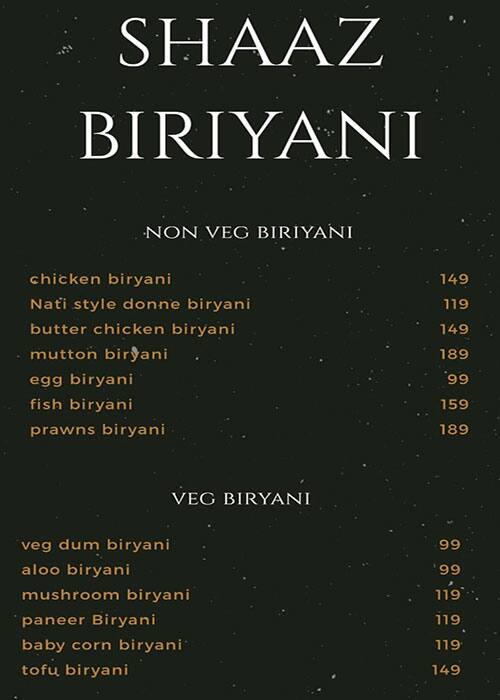 Menu of Shaaz Biriyani, Seshadripuram, Bangalore