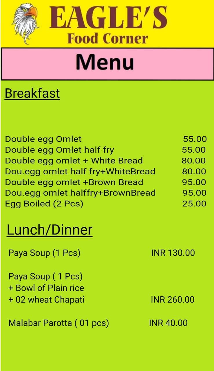 Menu of Eagles Food Corner, Dadar West, Mumbai