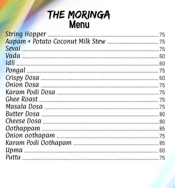 Menu of The Moringa, Marredpally, Secunderabad