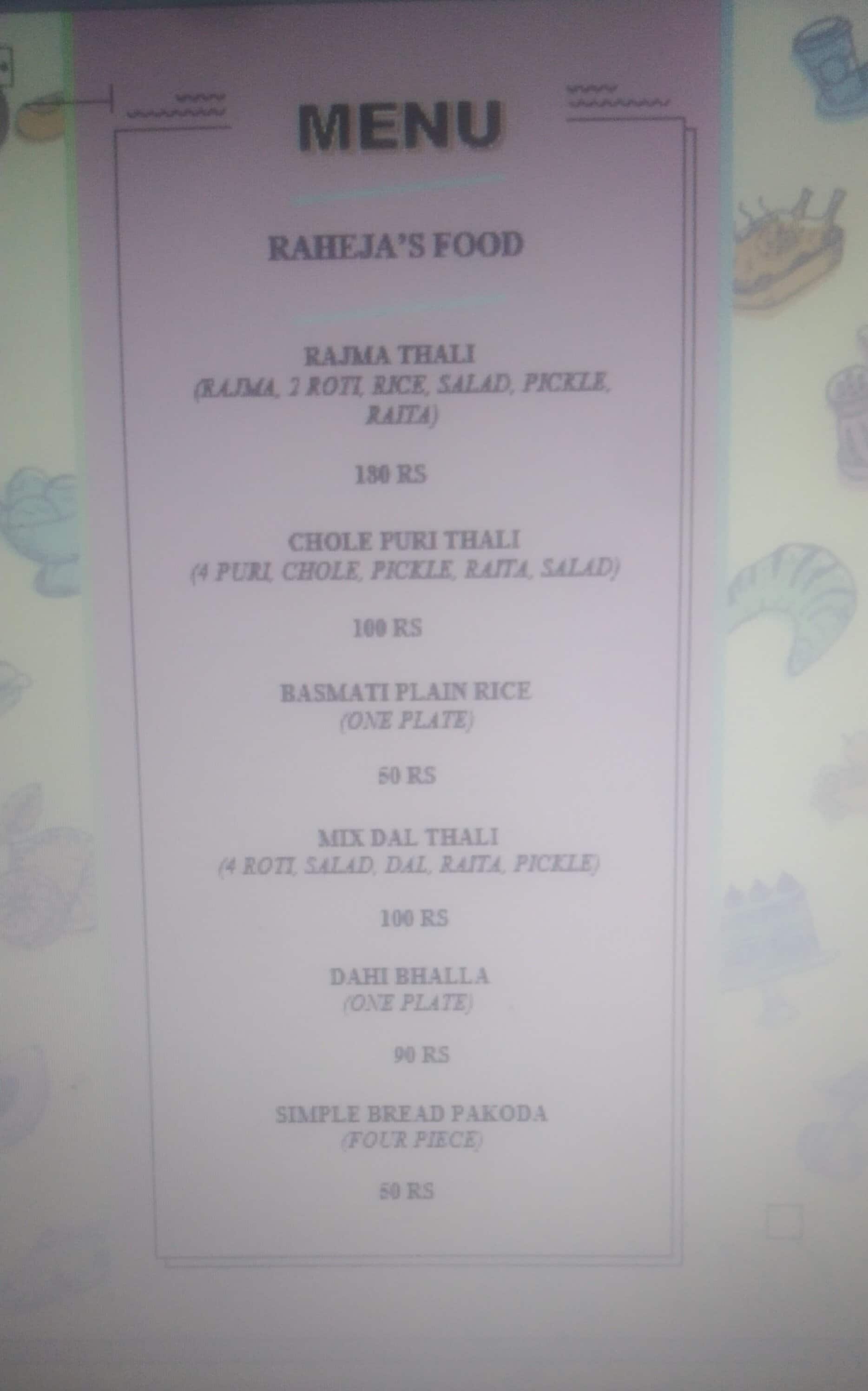 Menu of Raheja's Food, Urban Estate, Patiala