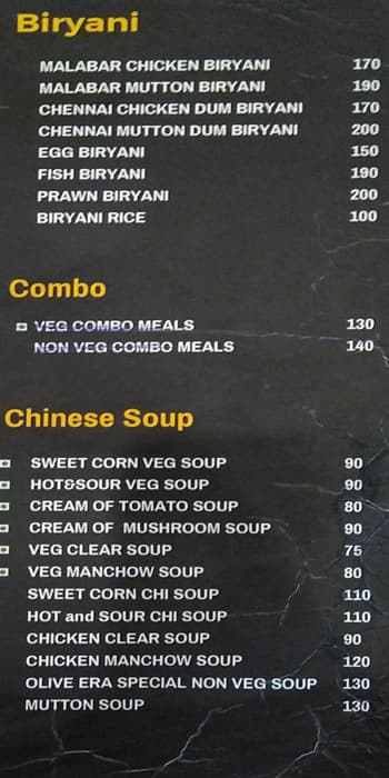 Menu at Olive Era, Bengaluru, 14th Main Road
