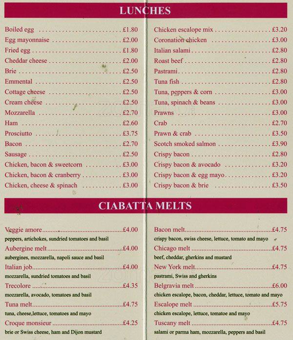 Menu at Old English Coffee House., London, 1A Montrose Pl