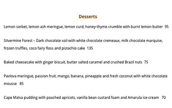 Menu at Cape Point Vineyards Restaurant, Cape Town