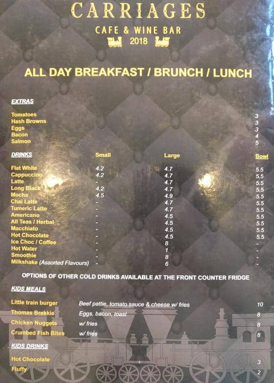 Menu at Carriages Cafe, Kumeu, 299 Main Rd