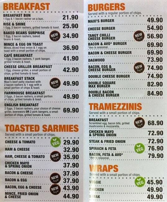 Maxi's Menu, Menu de Maxi's, Wolmer, Pretoria - Zomato SA