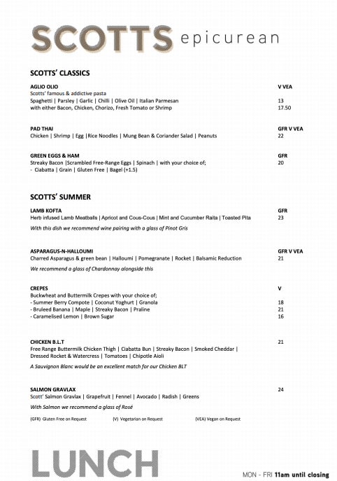 Menu at Scotts Epicurean cafe, Hamilton