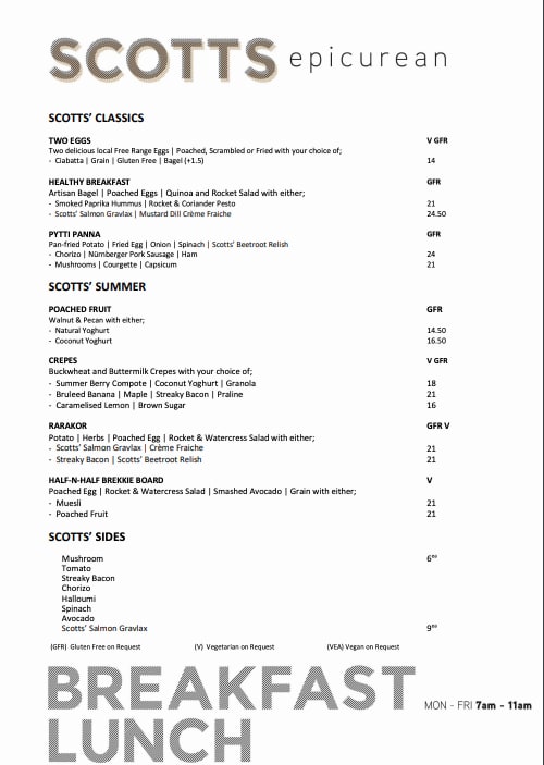 Menu at Scotts Epicurean cafe, Hamilton