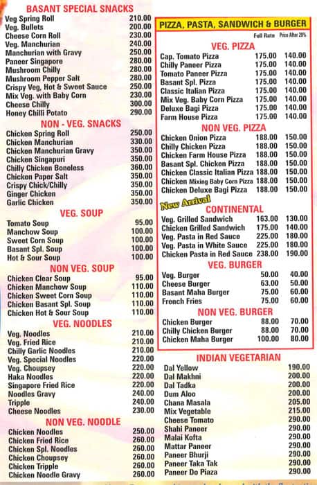 Menu of Basant Restaurant, Dugri, Ludhiana