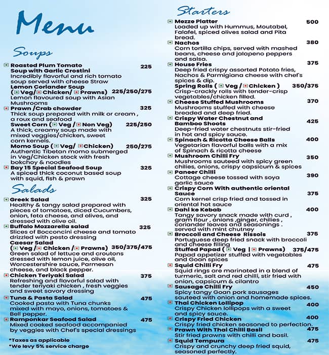 Menu of Bay 15, Panaji, Goa