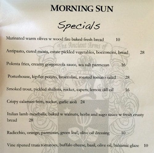 Morning Sun Vineyard Menu, Menu de Morning Sun Vineyard, Main Ridge ...