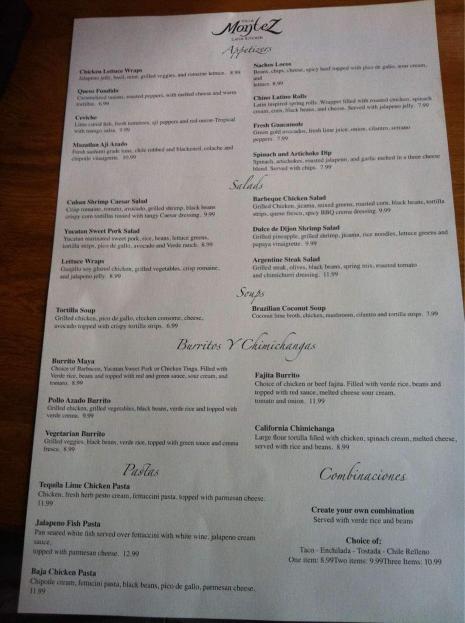 Menu at Villa Montez restaurant, Tyler, Old Henderson Hwy