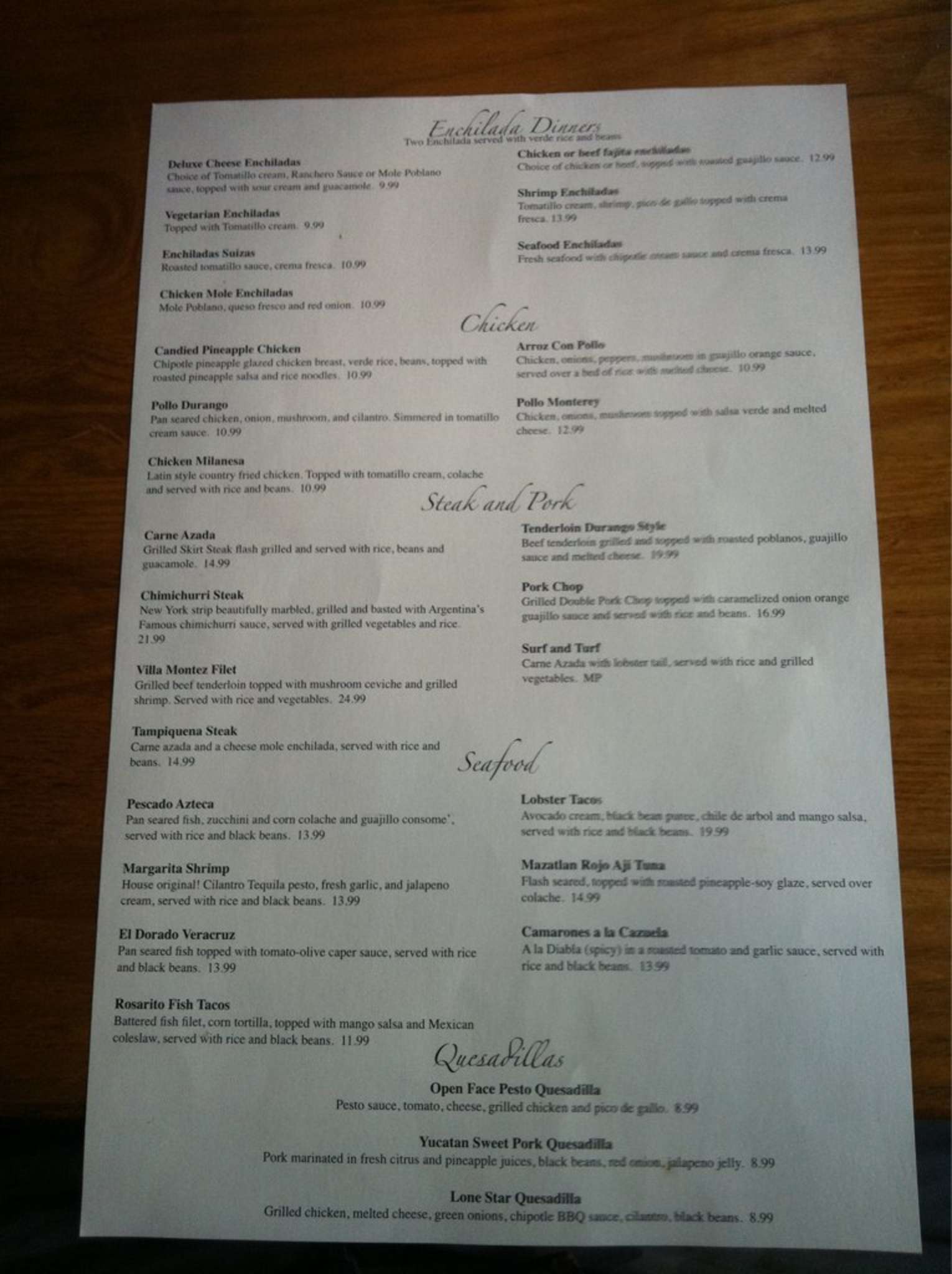 Menu at Villa Montez restaurant, Tyler, Old Henderson Hwy