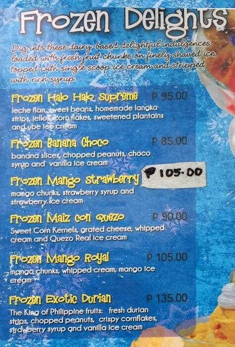 Menu at Frozen Snackbar, Cebu City, Century Plaza Commercial Complex