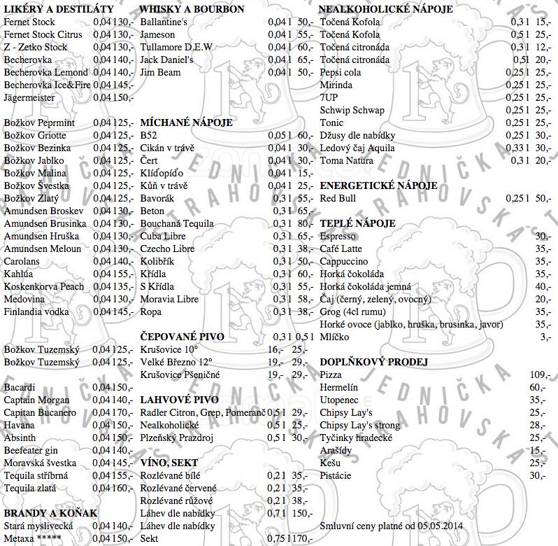 Menu at Club 001, Prague