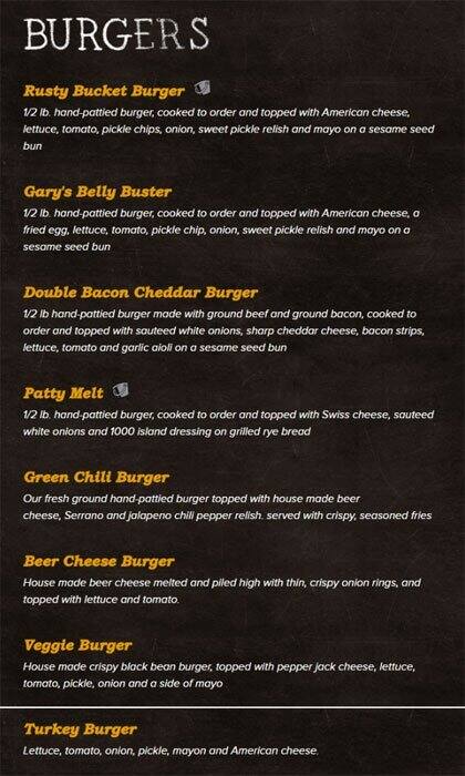 Menu at Rusty Bucket Restaurant and Tavern, Charlotte