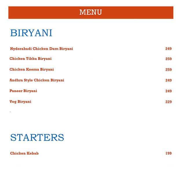 Menu of Biryani Trip - Destination Hyderabad, HSR, Bangalore