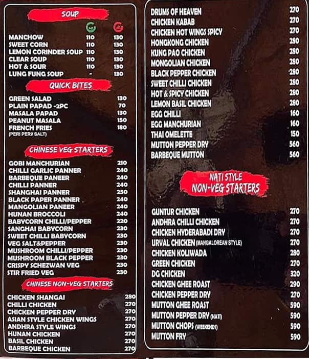 Menu of The Next Chapter, International Airport, Bangalore