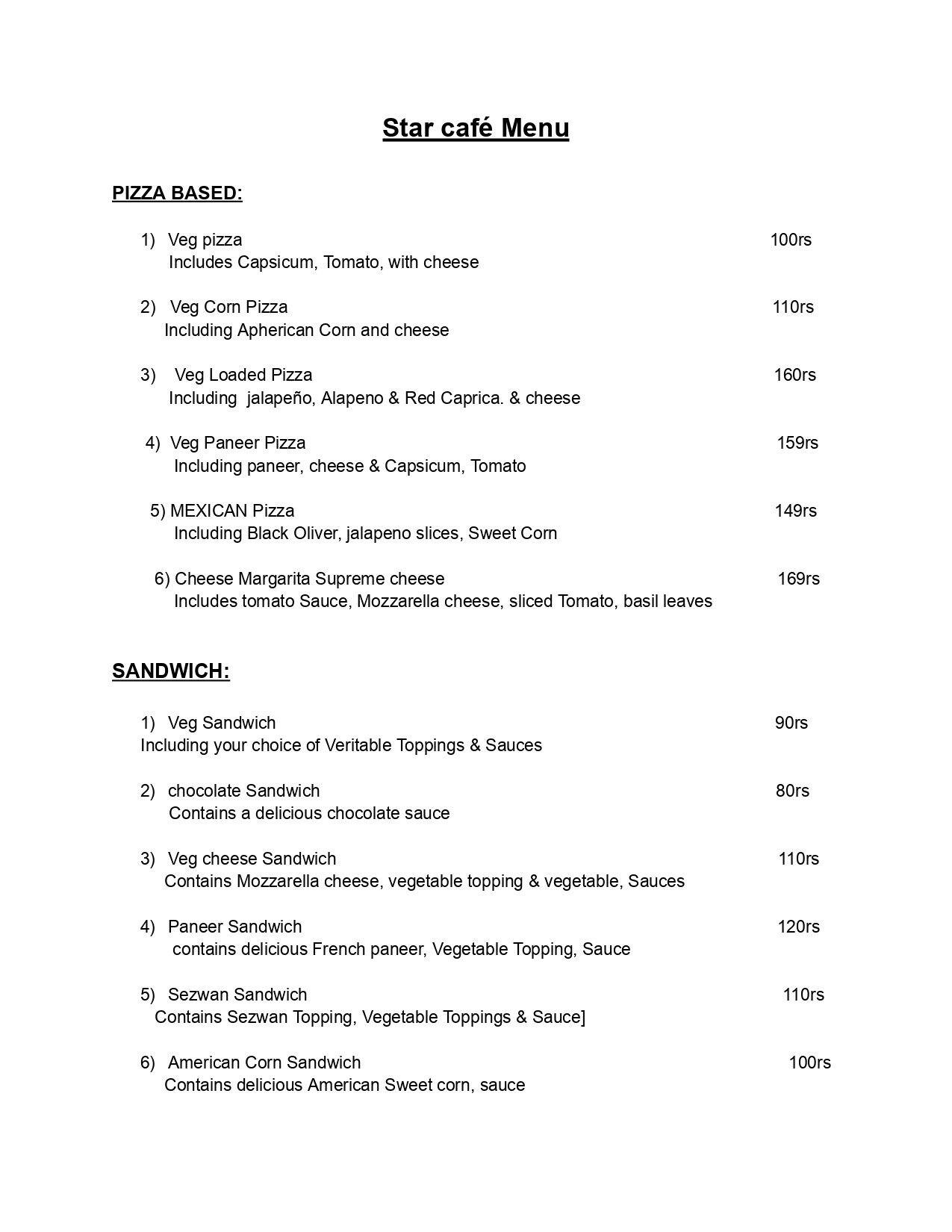 Menu of Star Cafe, Sakthi Nagar, Mysore