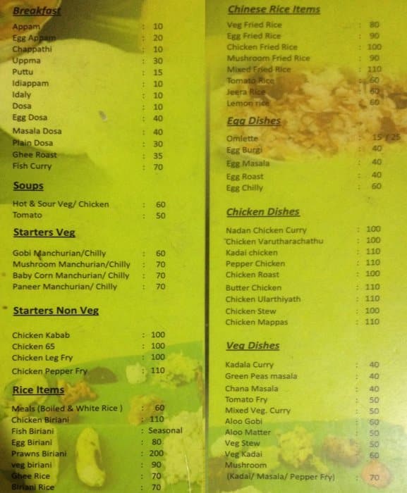Menu of Muthashy's, BTM, Bangalore
