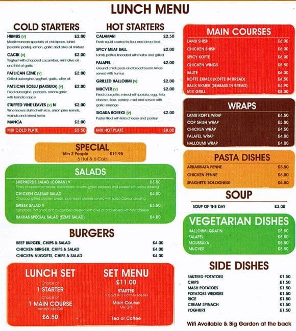 Menu at Rakkas pub & bar, London, 369 Green Lanes