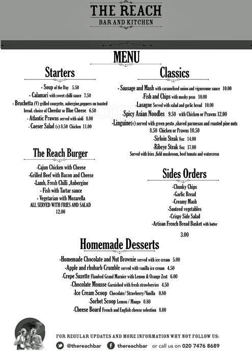 Menu at The Reach Bar, London