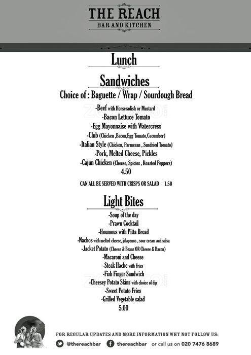 Menu at The Reach Bar, London