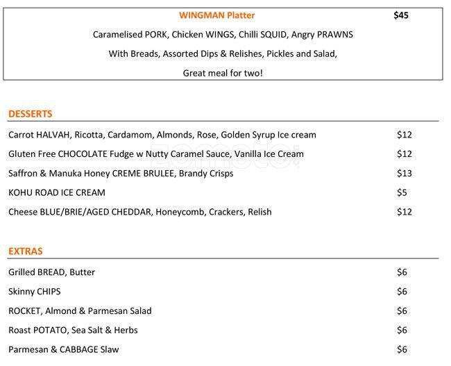 Menu at The Wingman restaurant, Auckland