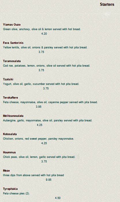 Menu at Yiamas Greek Taverna restaurant, Glasgow