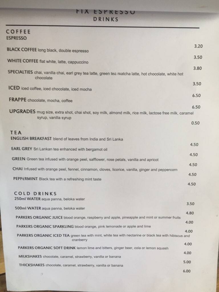 Menu at Fix Espresso restaurant, Varsity Lakes, 1 S Bay Dr