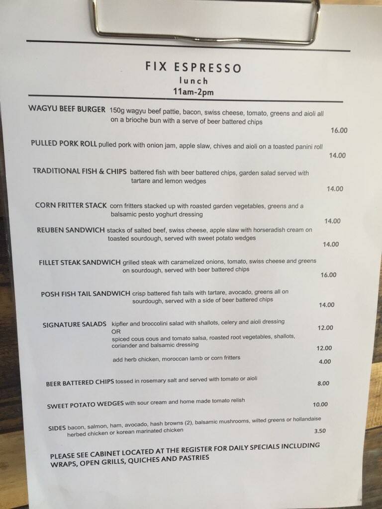 Menu at Fix Espresso restaurant, Varsity Lakes, 1 S Bay Dr