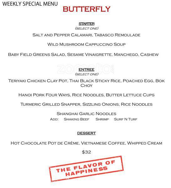 Menu at Butterfly Restaurant, San Francisco, 33 The Embarcadero