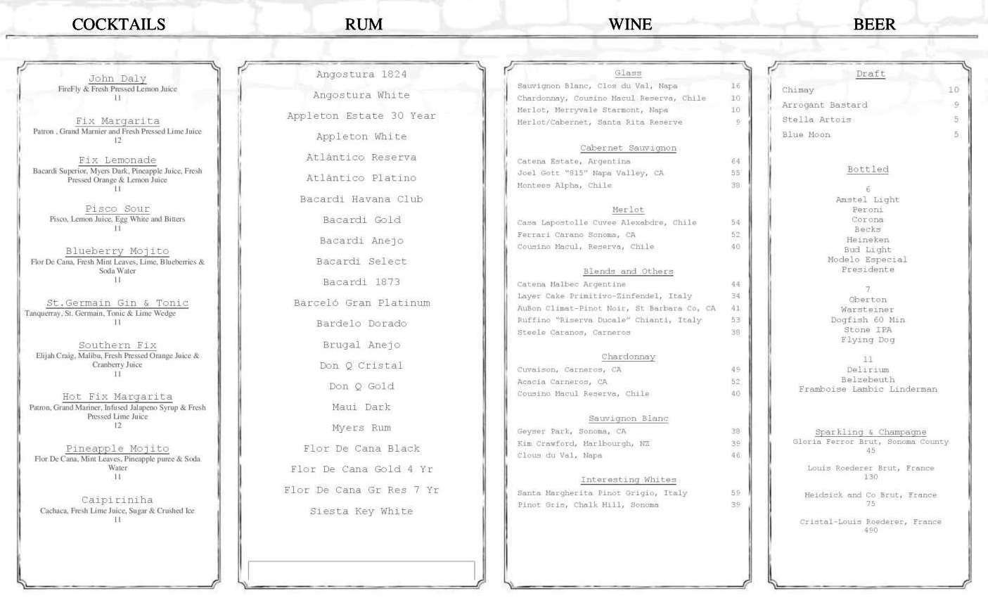Menu at FIX pub & bar, Miami Beach, 944 Collins Ave