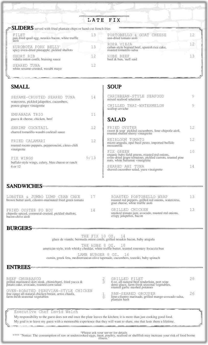 Menu at FIX pub & bar, Miami Beach, 944 Collins Ave