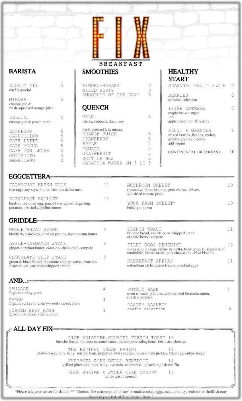 Menu at FIX pub & bar, Miami Beach, 944 Collins Ave