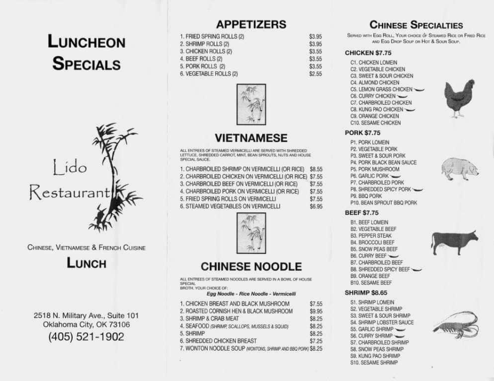 Menu at Lido restaurant, Oklahoma City