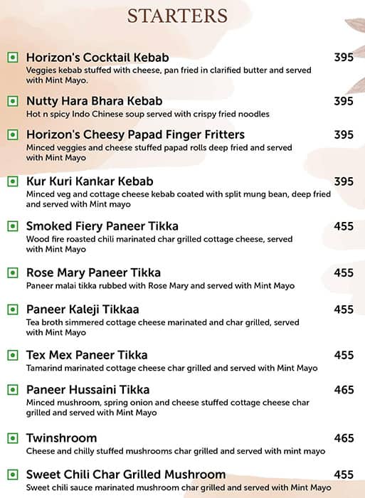 Menu at Horizon - Sayaji Hotel, Raipur