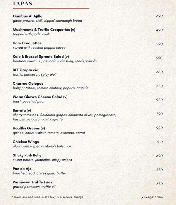 Menu of La Loca Maria, Pali Hill, Bandra West, Mumbai