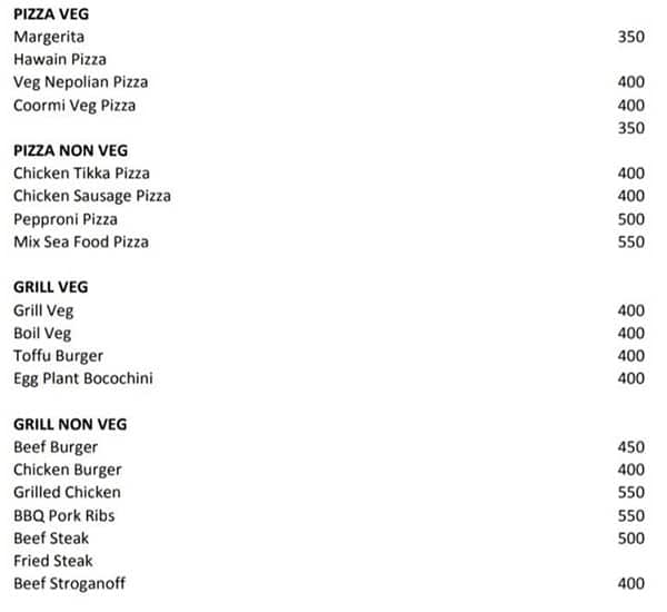 Menu at The Pink Elephant, Baga