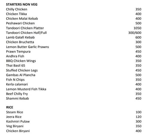 Menu at The Pink Elephant, Baga