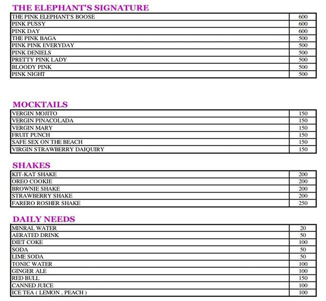 Menu at The Pink Elephant, Baga