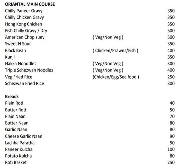 Menu at The Pink Elephant, Baga