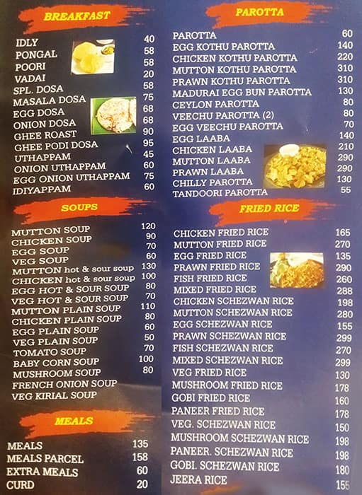 Menu of Madurai Sri Muniyandi Vilas, Kelambakkam, Chennai