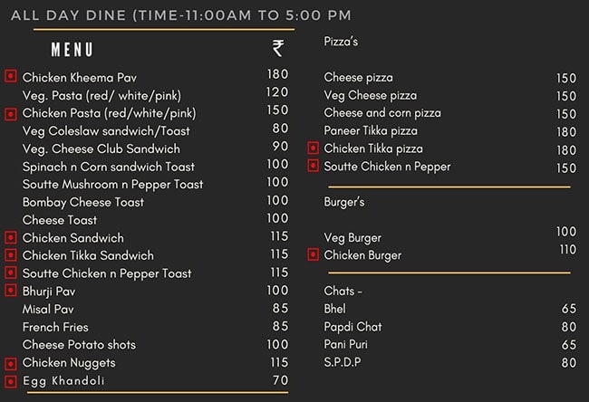 Menu of The J's Cafe, Shivaji Nagar, Pune