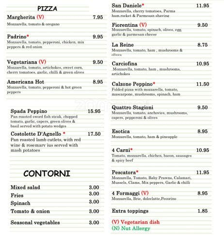 Menu at Da Peppino restaurant, Welling