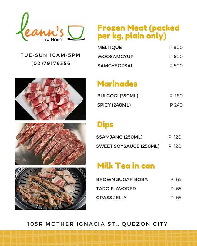 Menu at Leann's Teahouse restaurant, Quezon City
