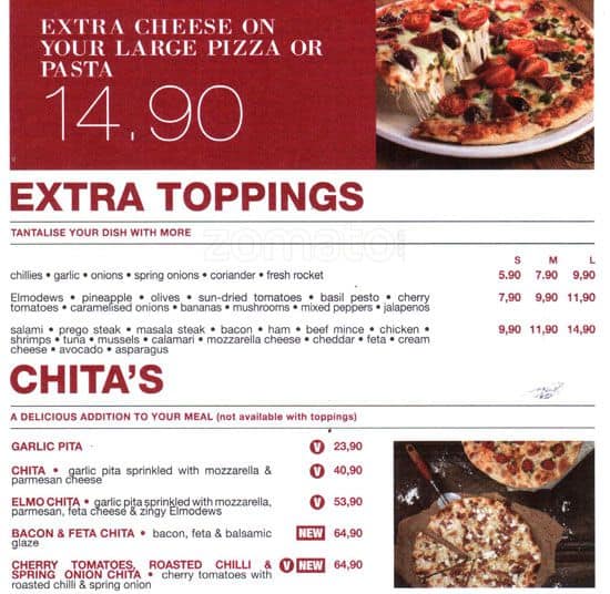 Menu at St. Elmo's pizzeria, Cape Town, 19 Tiny Neethling St