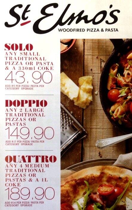 Menu at St. Elmo's Pizzaway, Cape Town, Corner Argyle Street and Victoria Road