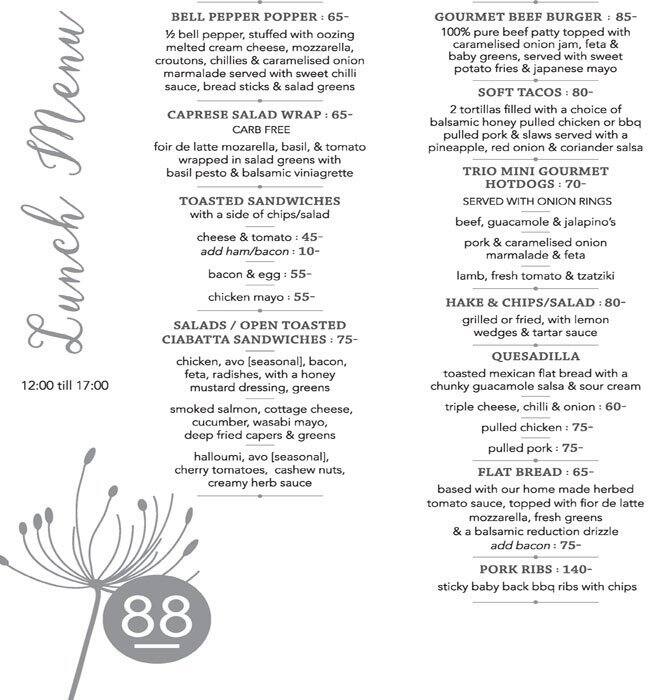 Menu at Eighty-Ate Restaurant, Cape Town